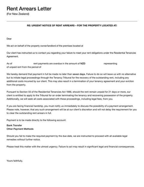 Rent Arrears Letter Template for New Zealand | Fill and sign with Lumin