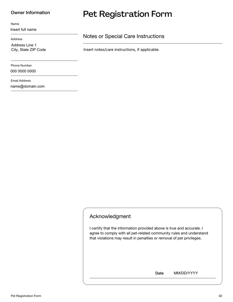 Pet Registration Form Template | Fill and sign online with Lumin