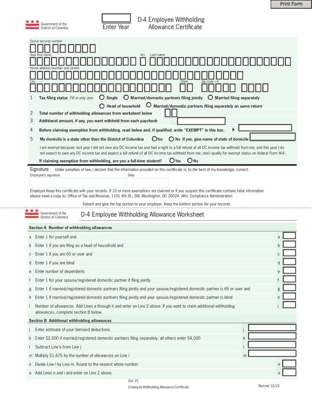 Form D-4 Employee Withholding Allowance Certificate | Fill and sign ...