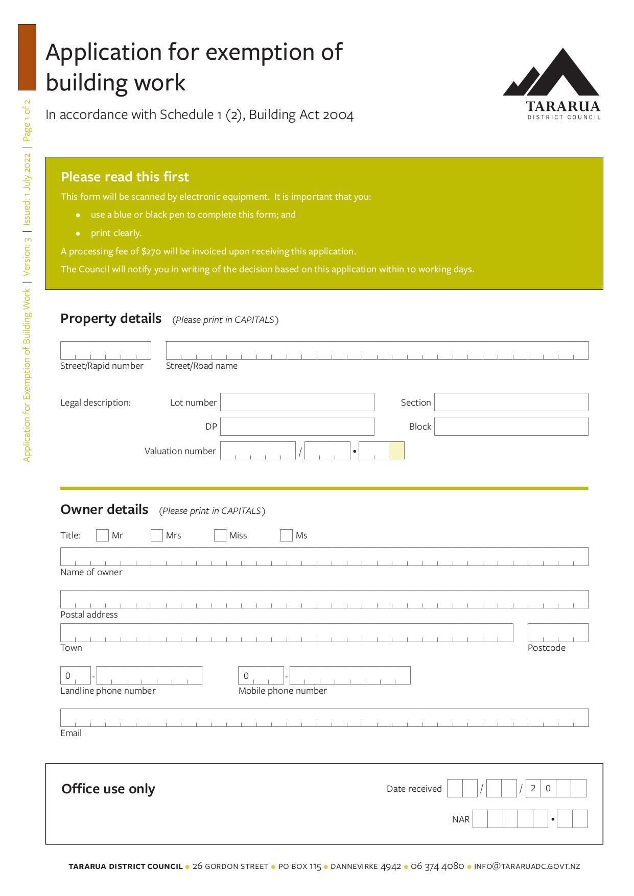 Application for Exemption of Building Work | Fill and sign online with ...