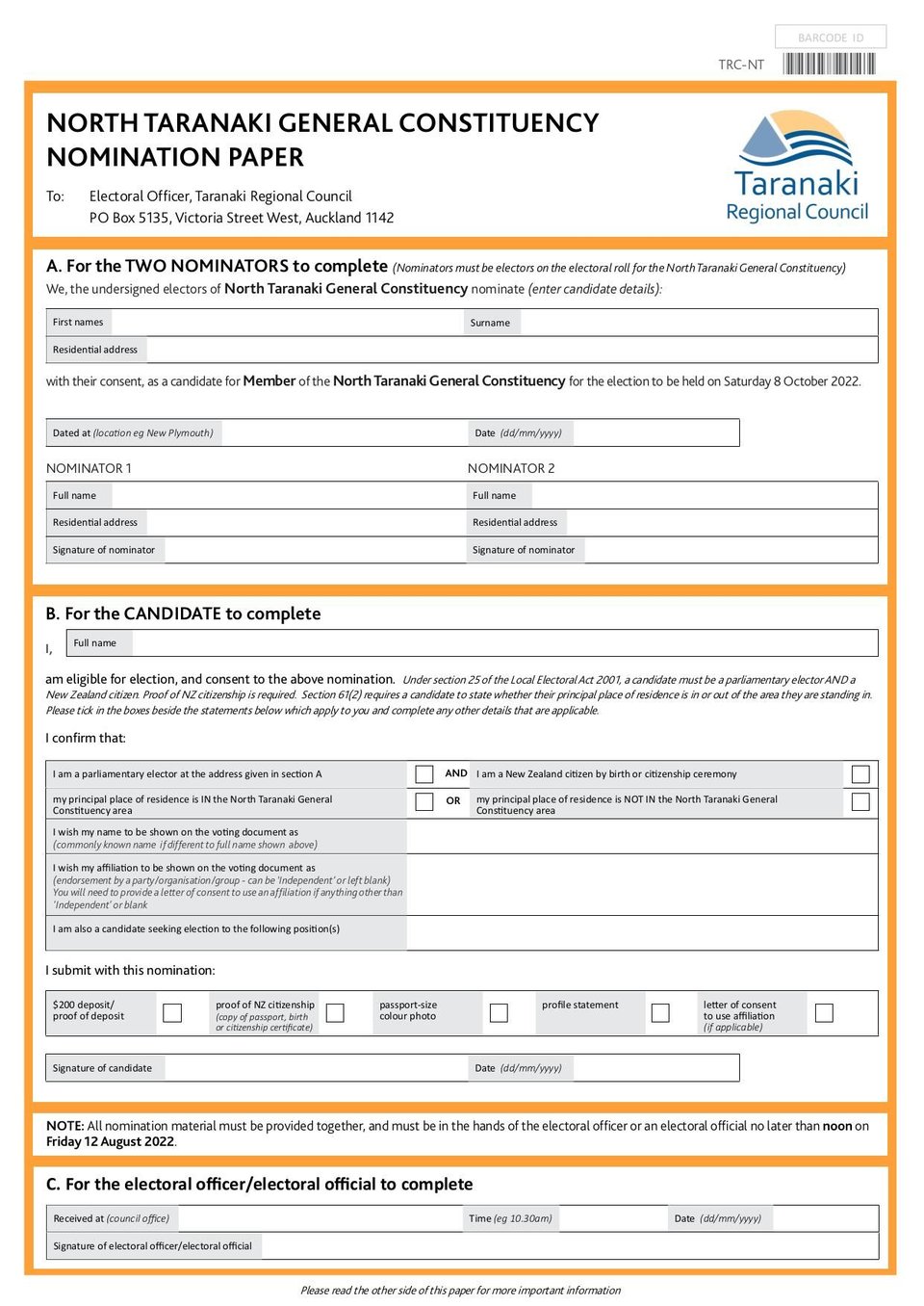 North Taranaki General Constituency Nomination Paper | Fill and sign ...