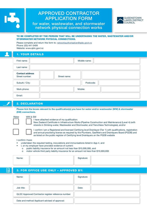 QLDC Water Wastewater Stormwater Approved Contractor Application Form ...