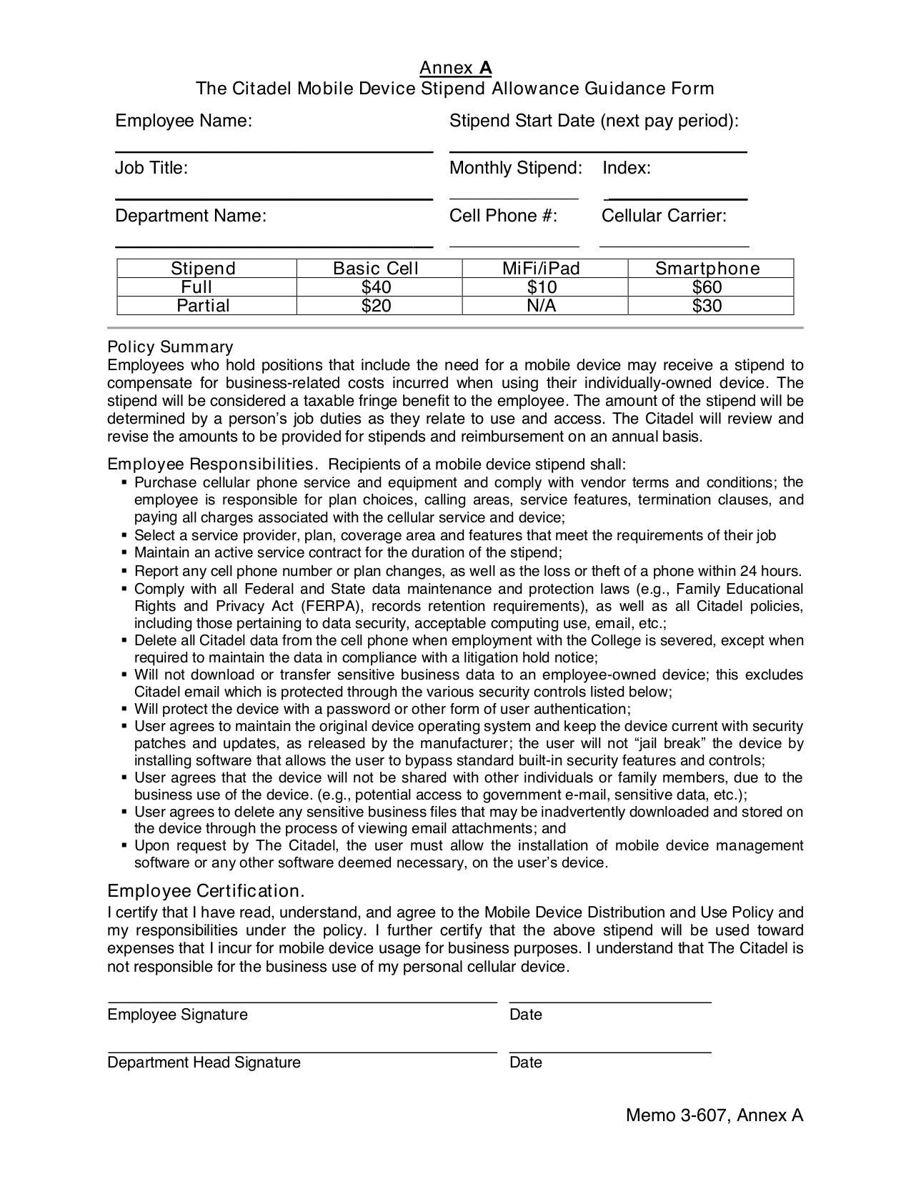 The Citadel Mobile Device Stipend Allowance Guidance Form | Fill and ...