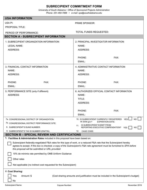 University of South Alabama Subrecipient Commitment Form | Fill and ...
