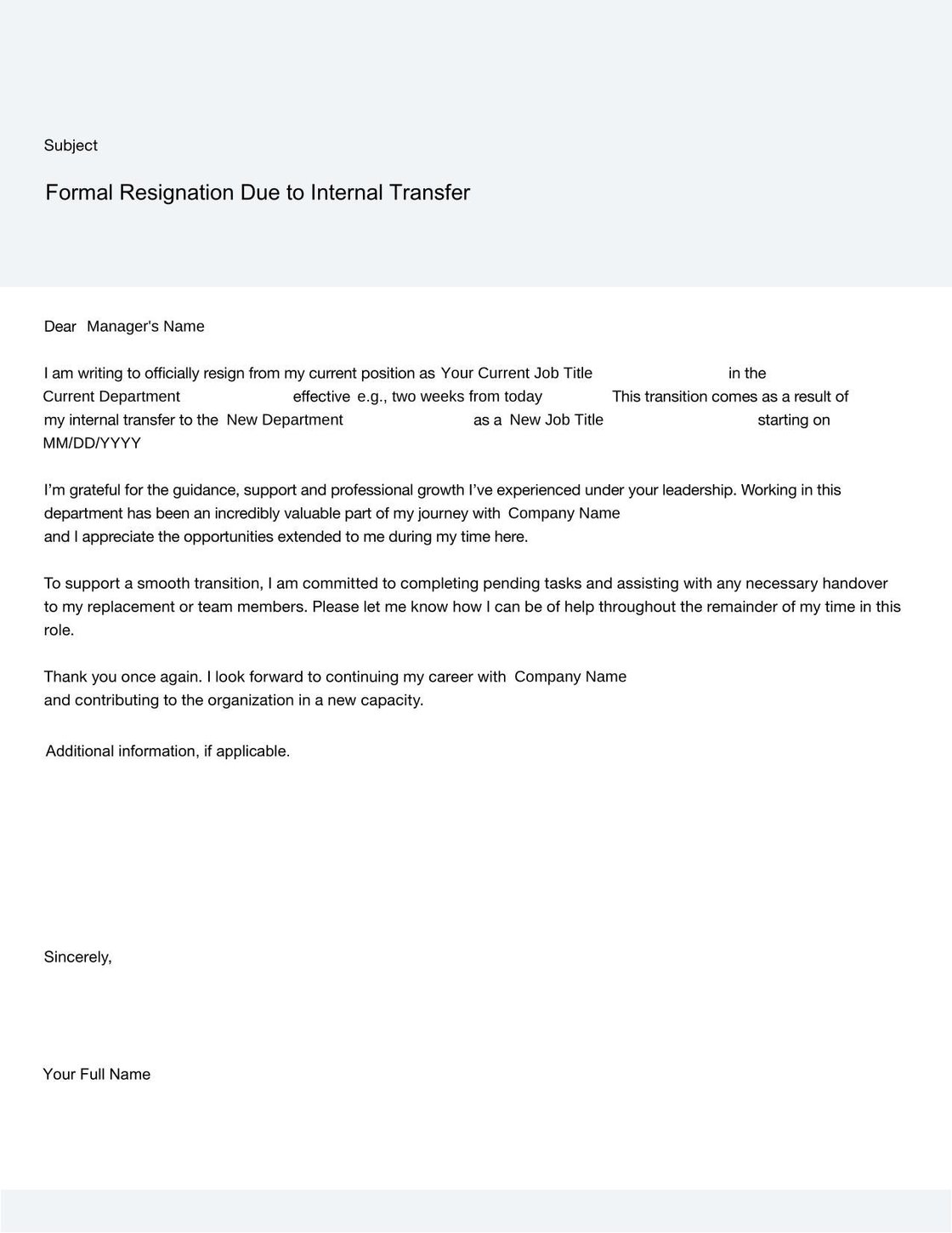 Resignation Letter for Internal Transfer Template | Fill and sign with ...