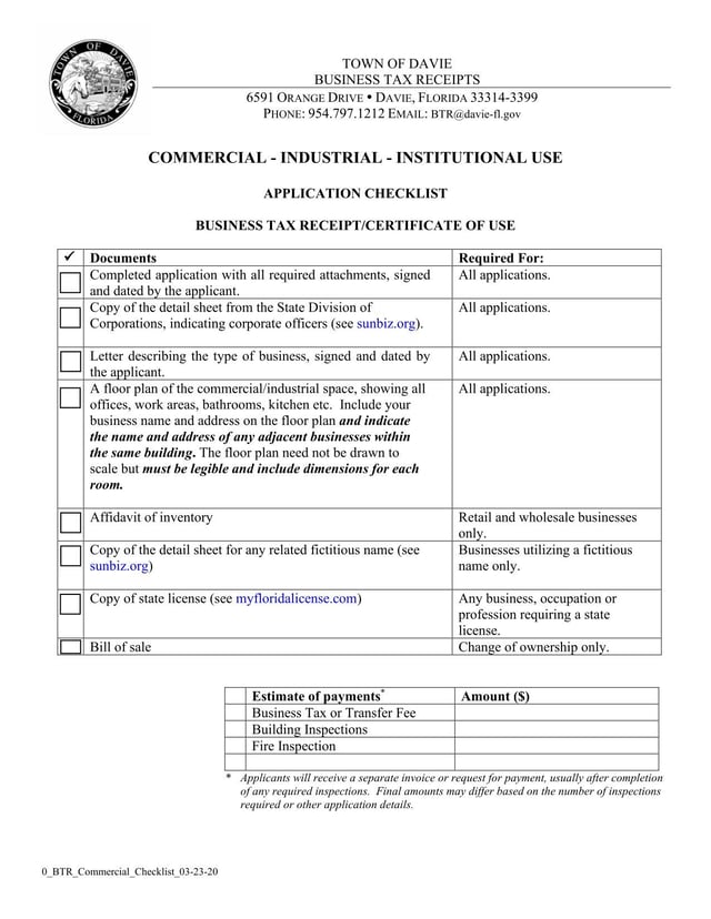 Town of Davie Business Tax Receipt/Certificate of Use Application ...
