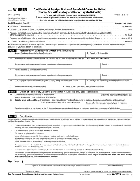 Form W-8 BEN | Fill and sign online with Lumin