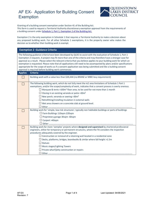 Form AF EX Application for Building Consent Exemption | Fill and sign ...