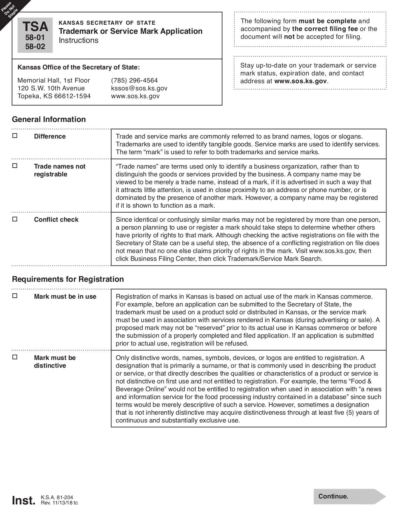 Trademark or Service Mark Application (Form K.S.A. 81-204) | Fill and ...