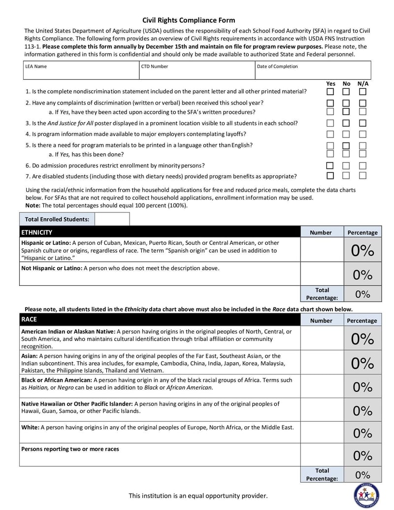 Civil Rights Compliance Form for School Food Authorities | Fill and ...
