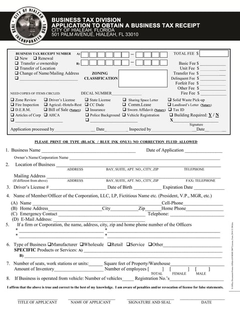 Hialeah Business Tax Receipt Application | Fill and sign with Lumin