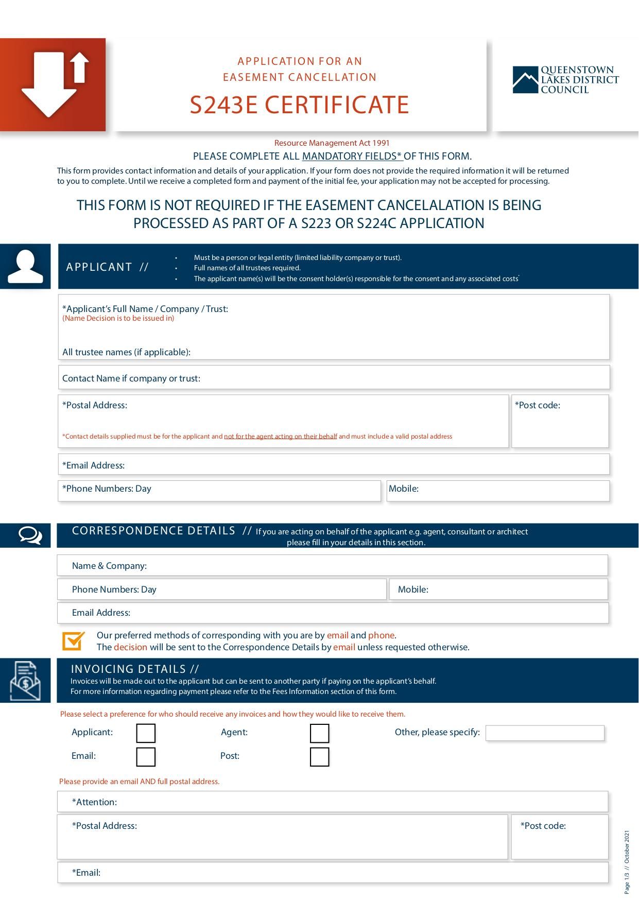 S243e Certificate Application for An Easement Cancellation | Fill and ...