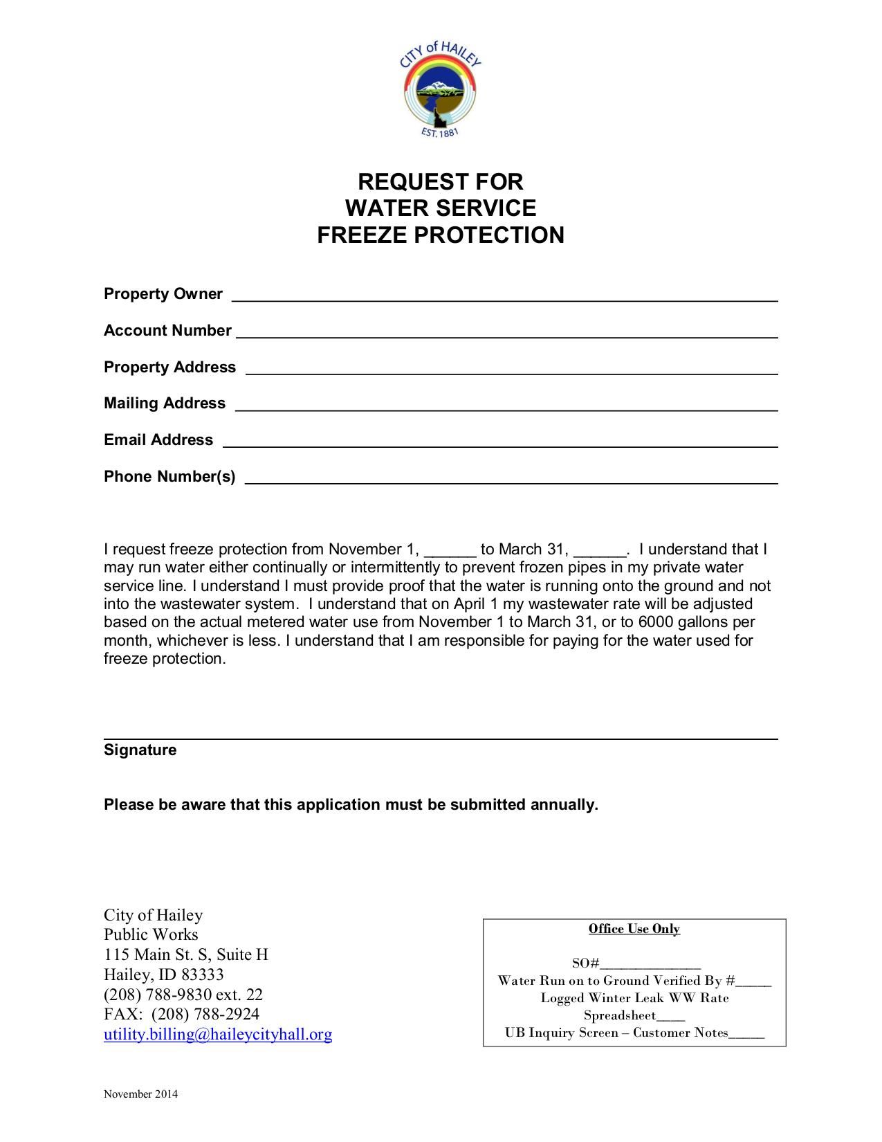 Request For Water Service Freeze Protection | Fill and sign online with ...