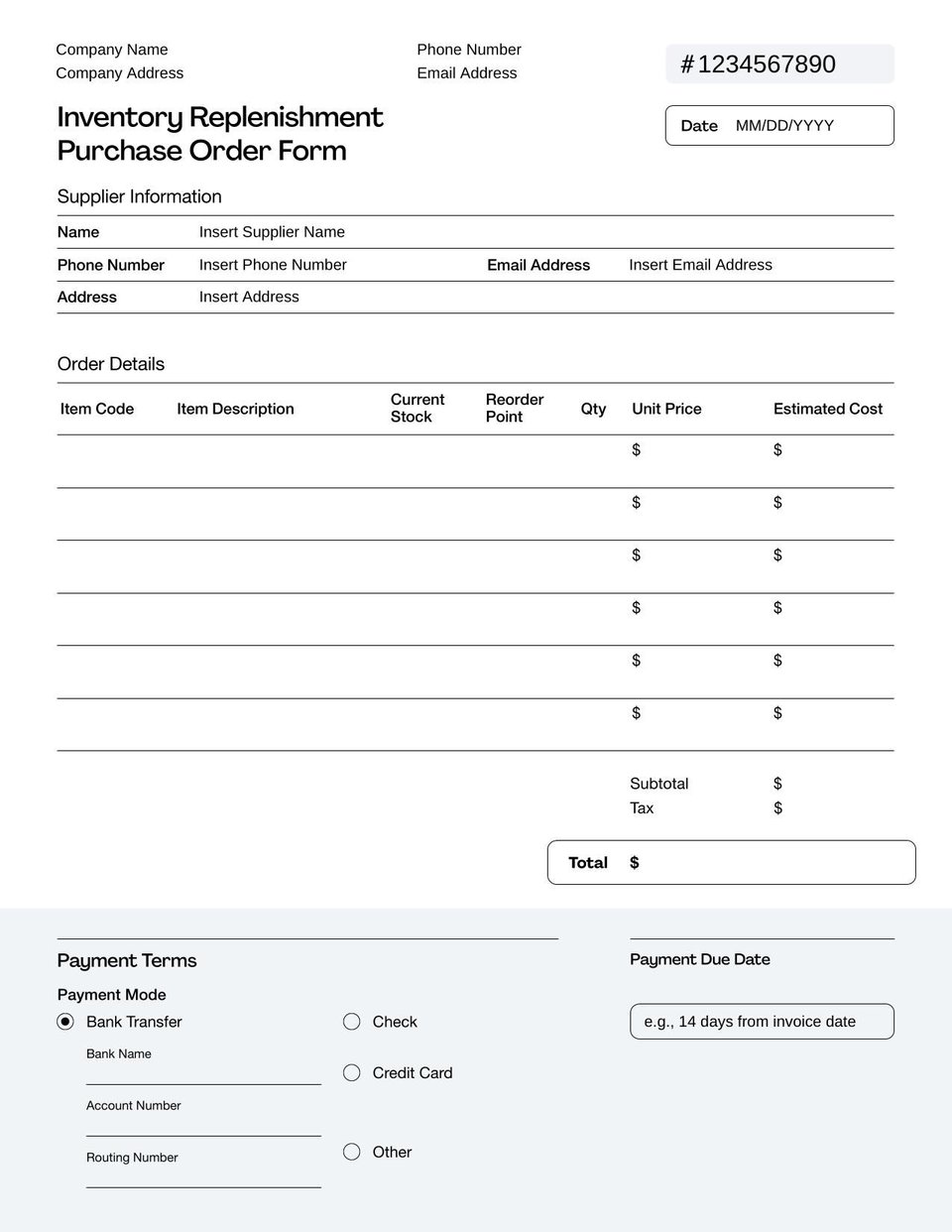 Inventory Replenishment Purchase Order Form Template | Fill and sign ...