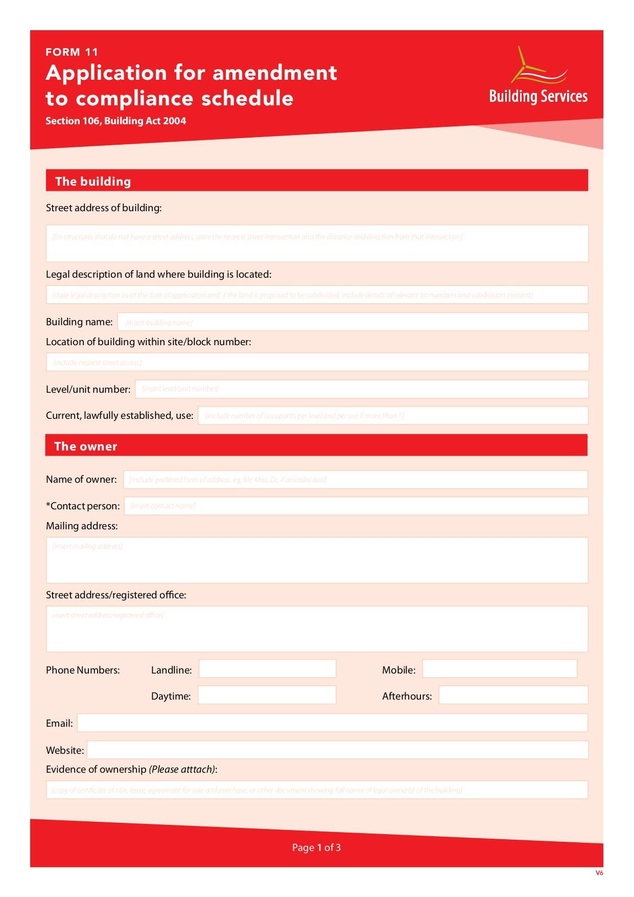 Form 11 Application For Amendment to Compliance Schedule | Fill and ...