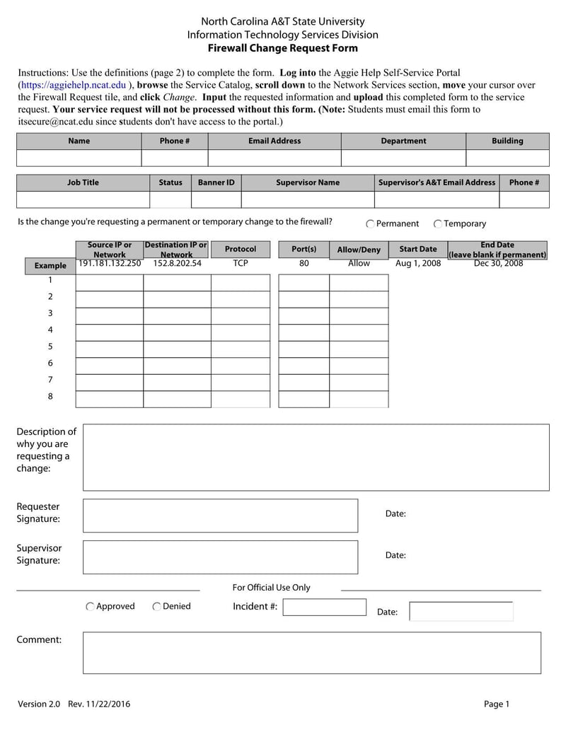 North Carolina A&T State University Firewall Change Request Form | Fill ...