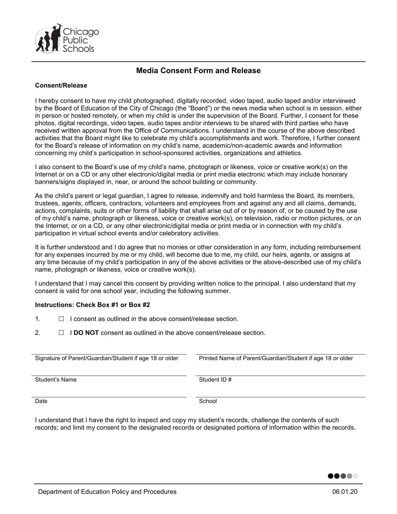 Chicago Public Schools Media Consent Form and Release | Fill and sign ...