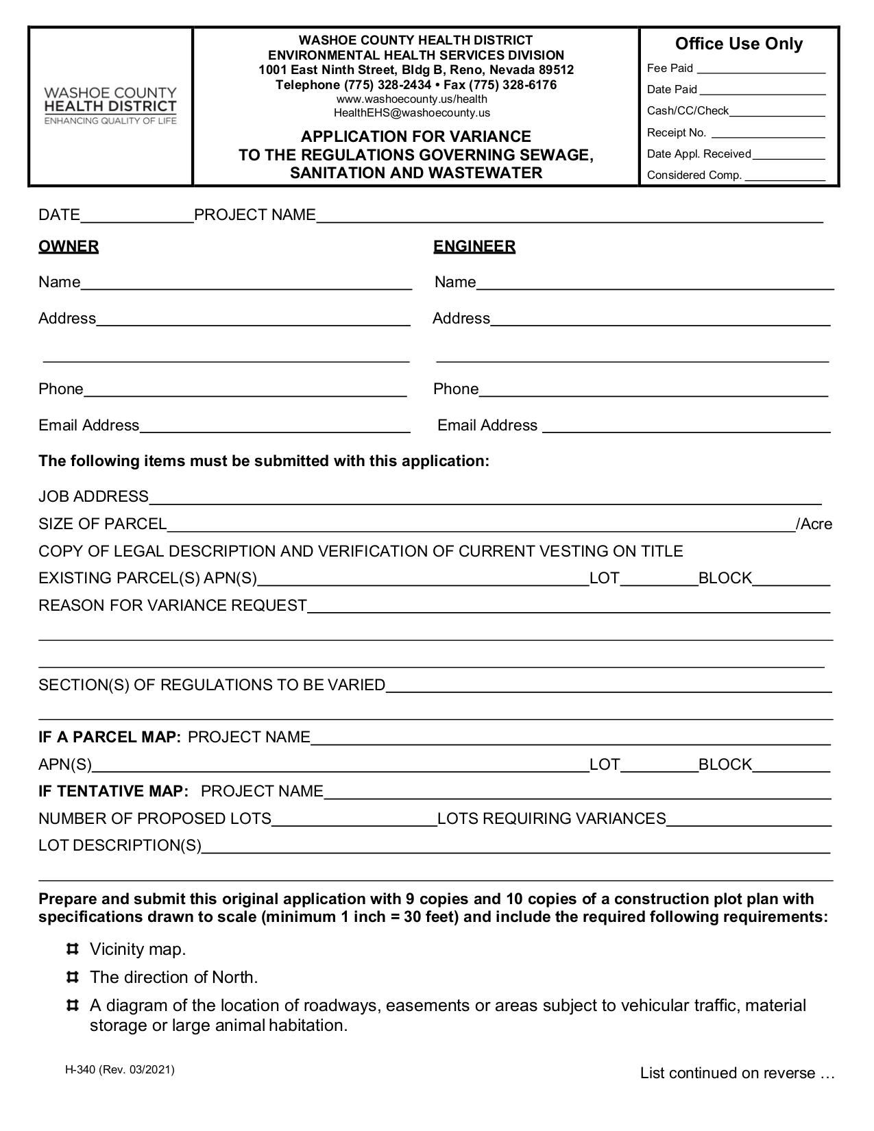 H-340 Variance Request for Sewage and Water System Approval | Fill and ...