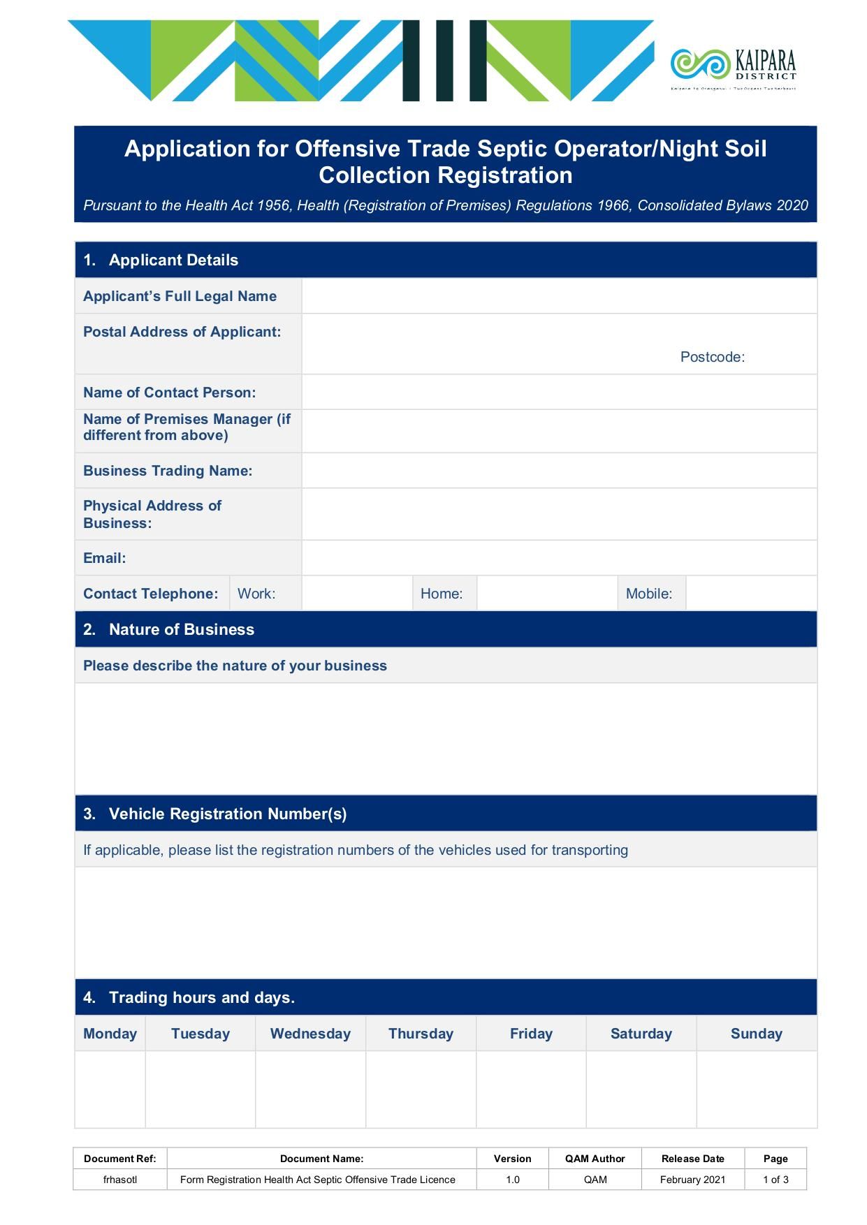 Application for Offensive Trade Septic Operator/Night Soil Collection ...