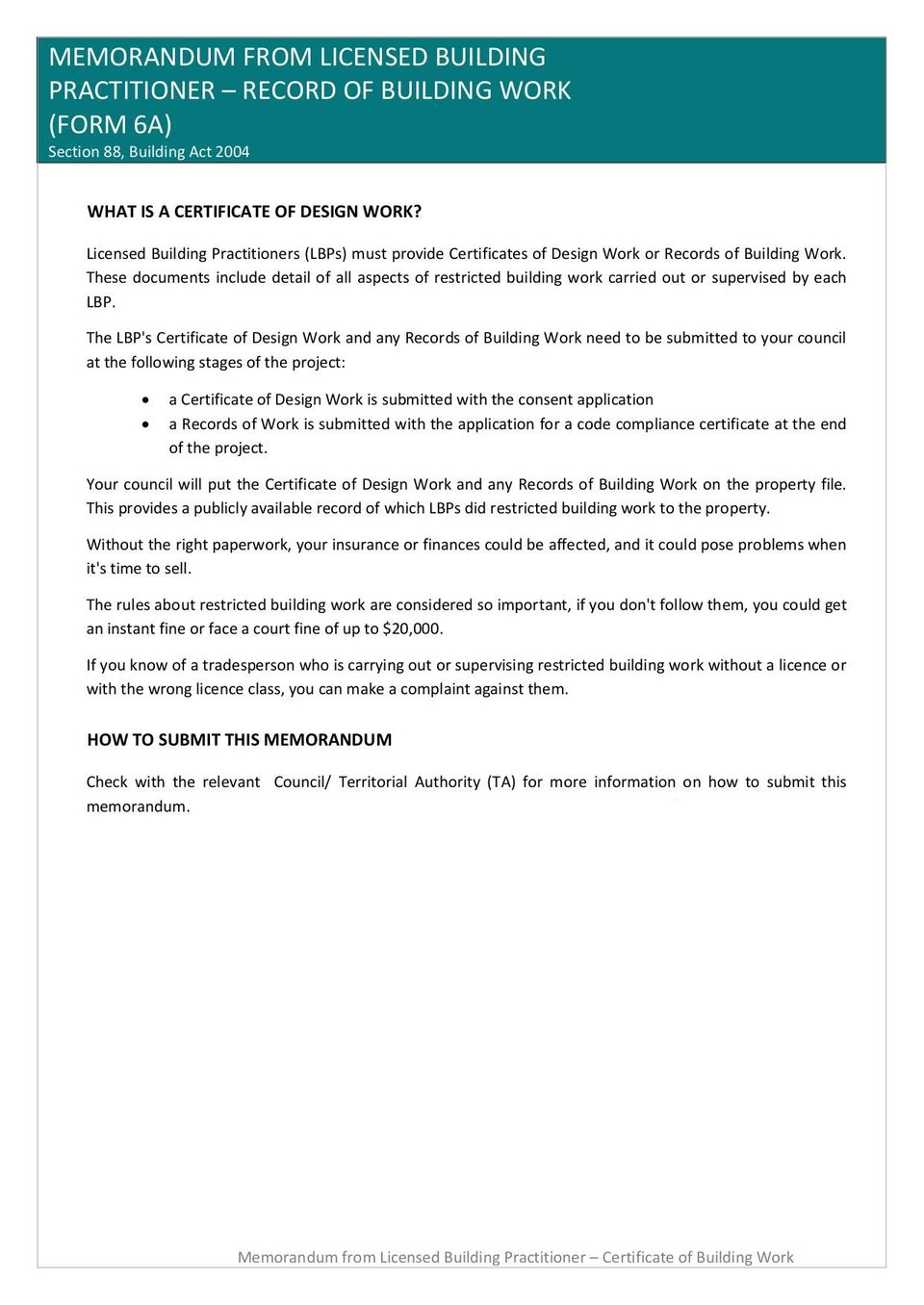Form 6A Memorandum from Licensed Building Practitioner – Record of ...