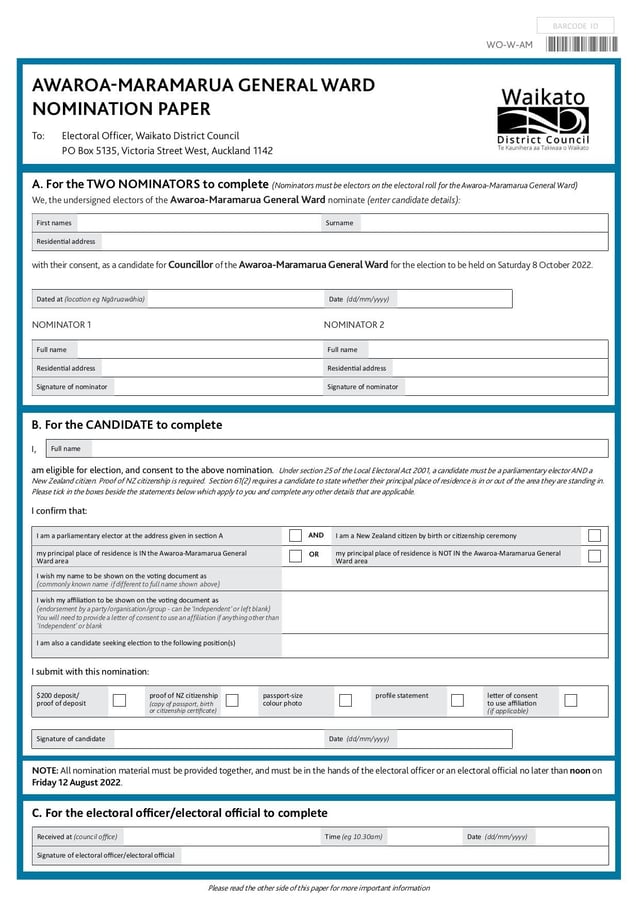 Awaroa Maramarua General Ward Nomination Form | Fill and sign online ...