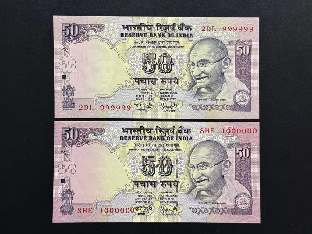 Buy India, Rupees 50 x 2 Banknotes, Fancy Serial Number 999999 ...