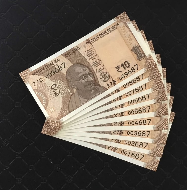 RS 10 INDIA Banknotes SEMI FANCY NUMBER 001687 to 009687 Issue Very ...