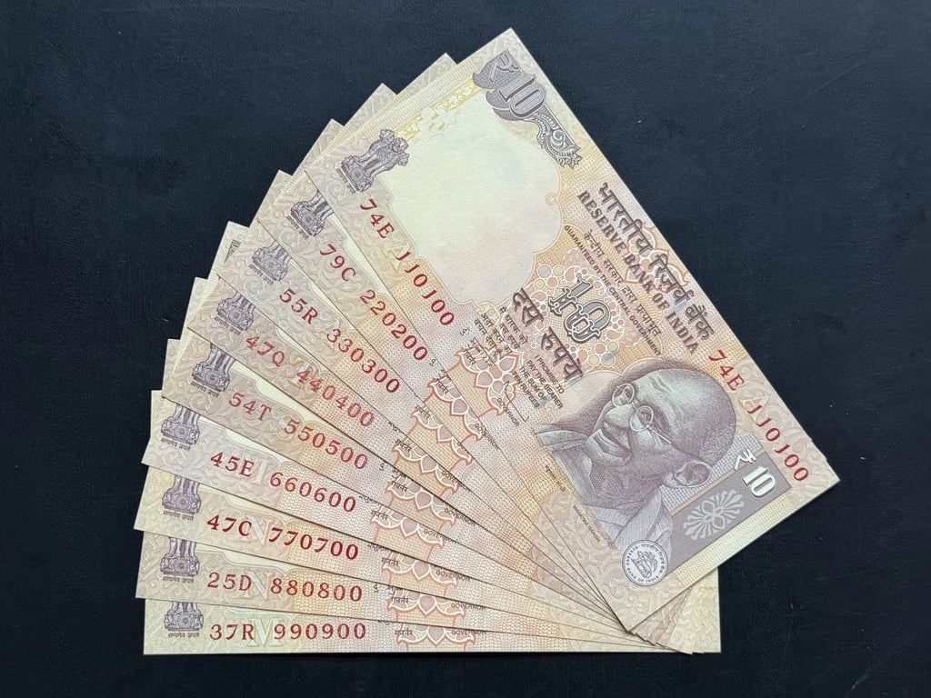 Buy India, Rupees 10 x 9 Banknotes, Set of Fancy Serial Number 110100 ...
