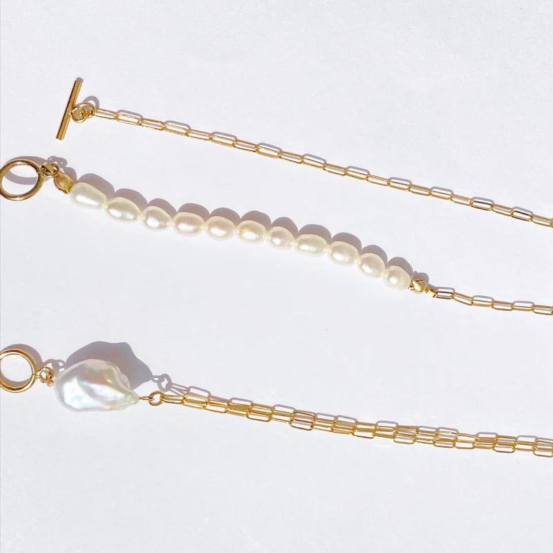 淡水パール×ゴールドチェーン二連ブレスレット | flem 淡水パール×ゴールドチェーン二連ブレスレット | flem