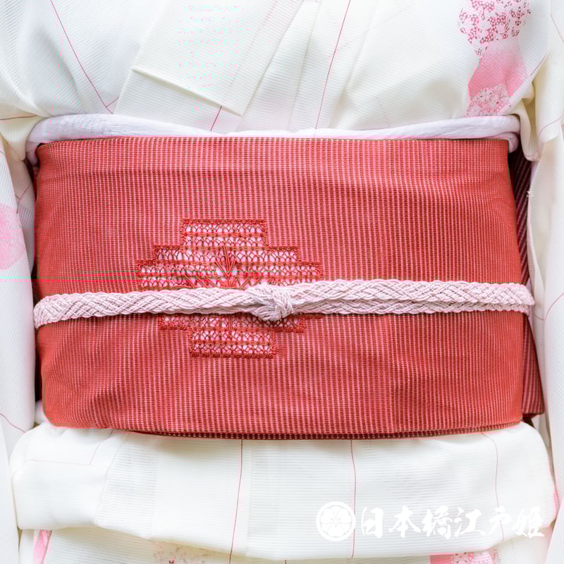 0277 夏物 名古屋帯 Aランク美品 正絹 絽 赤 幾何学 刺繍 お太鼓 0277 夏物 名古屋帯 Aランク美品 正絹 絽 赤 幾何学 刺繍 お太鼓