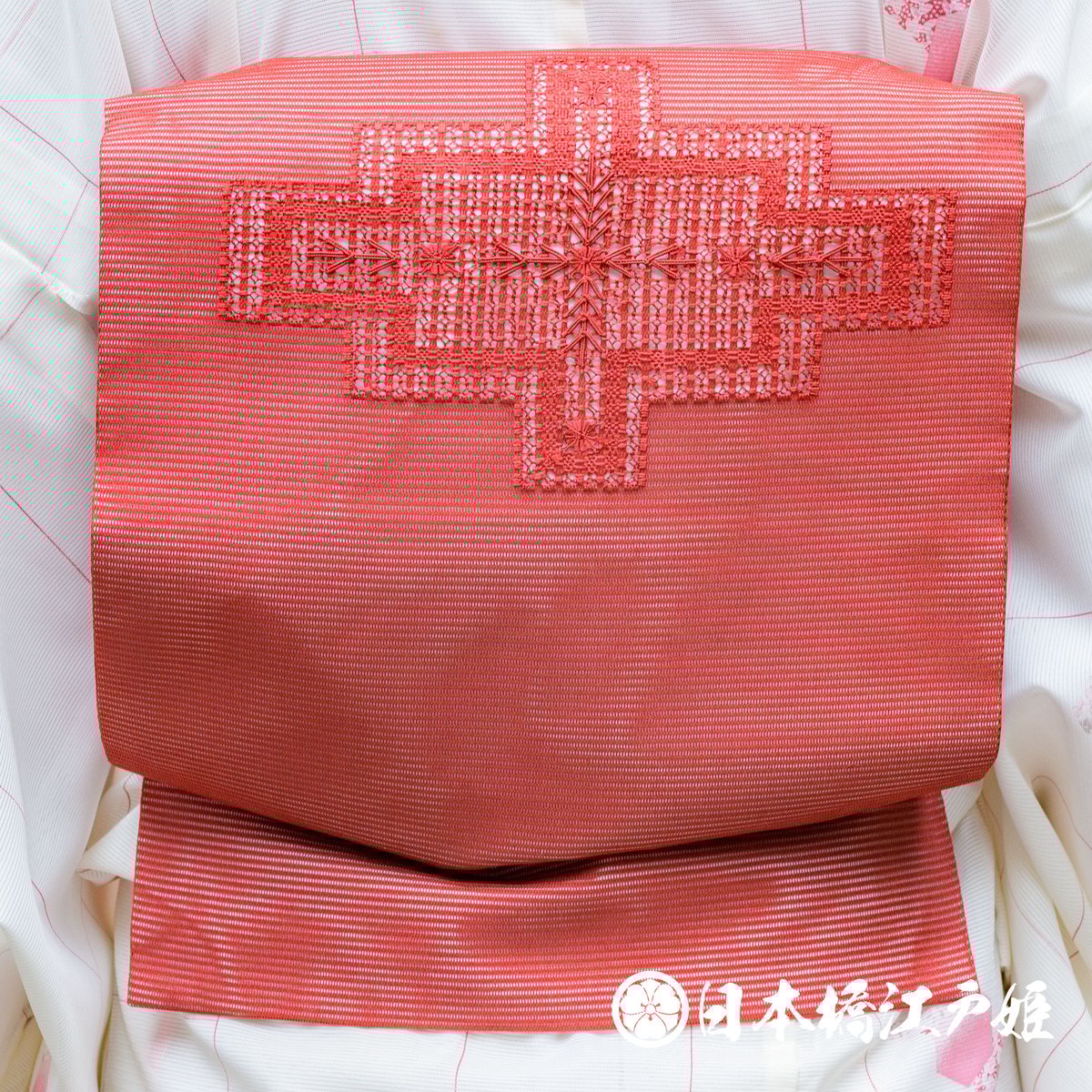 0277 夏物 名古屋帯 Aランク美品 正絹 絽 赤 幾何学 刺繍 お太鼓 0277 夏物 名古屋帯 Aランク美品 正絹 絽 赤 幾何学 刺繍 お太鼓