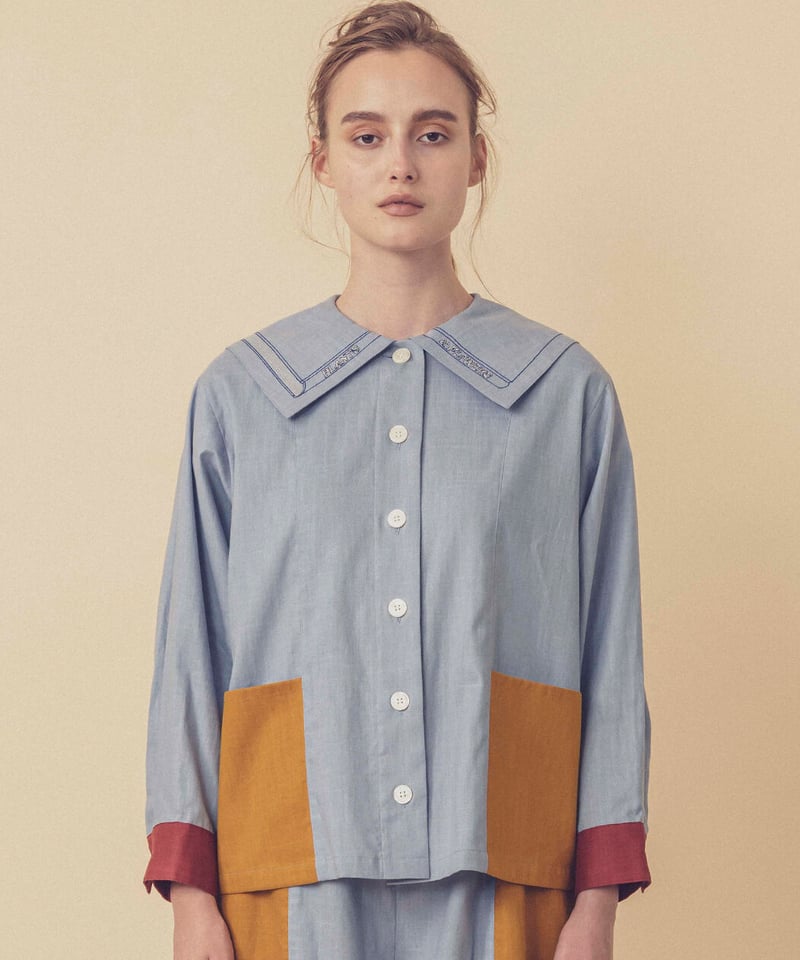 SAMPLE SALE> 本の刺繍セーラーカラーシャツジャケット (blue SAMPLE SALE> 本の刺繍セーラーカラーシャツジャケット (blue