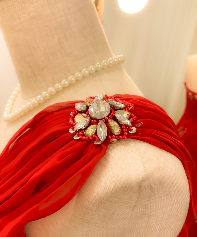 ラッセルレース×シフォン ワンショルダードレス レッド | Sharon ラッセルレース×シフォン ワンショルダードレス レッド | Sharon
