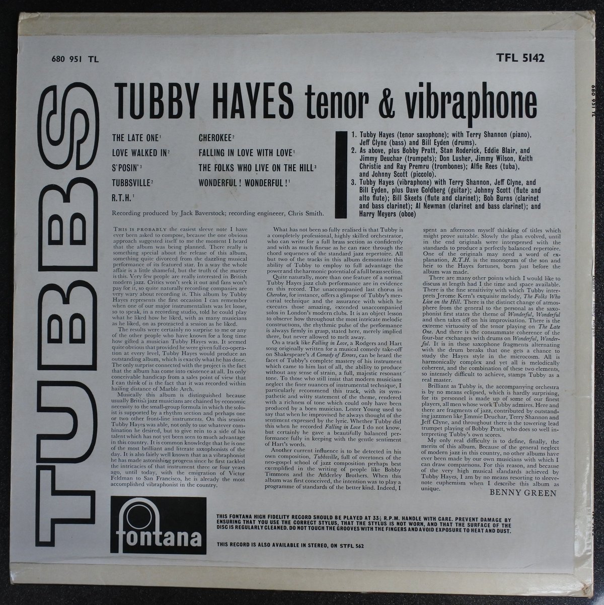 Tubby Hayes ‎– Tubbs（ Fontana ‎– TFL 5142）mono ...