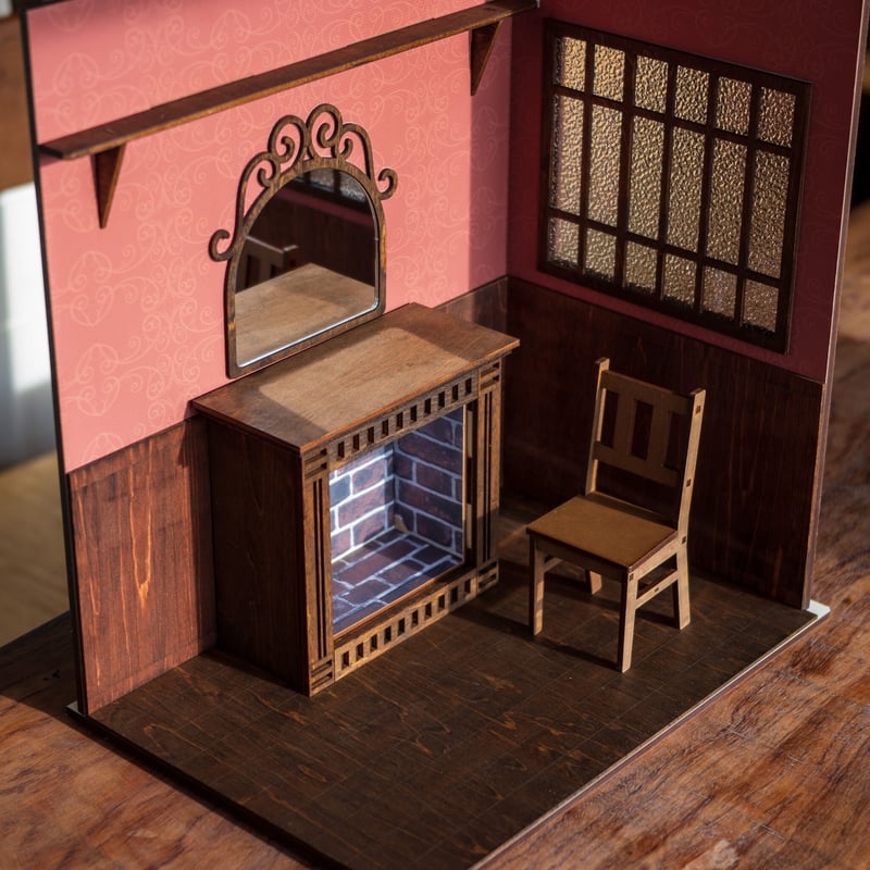 1/6スケールドールハウス洋館鏡の部屋古い感じの壁紙右側暖炉 1/6スケールドールハウス洋館鏡の部屋古い感じの壁紙右側暖炉