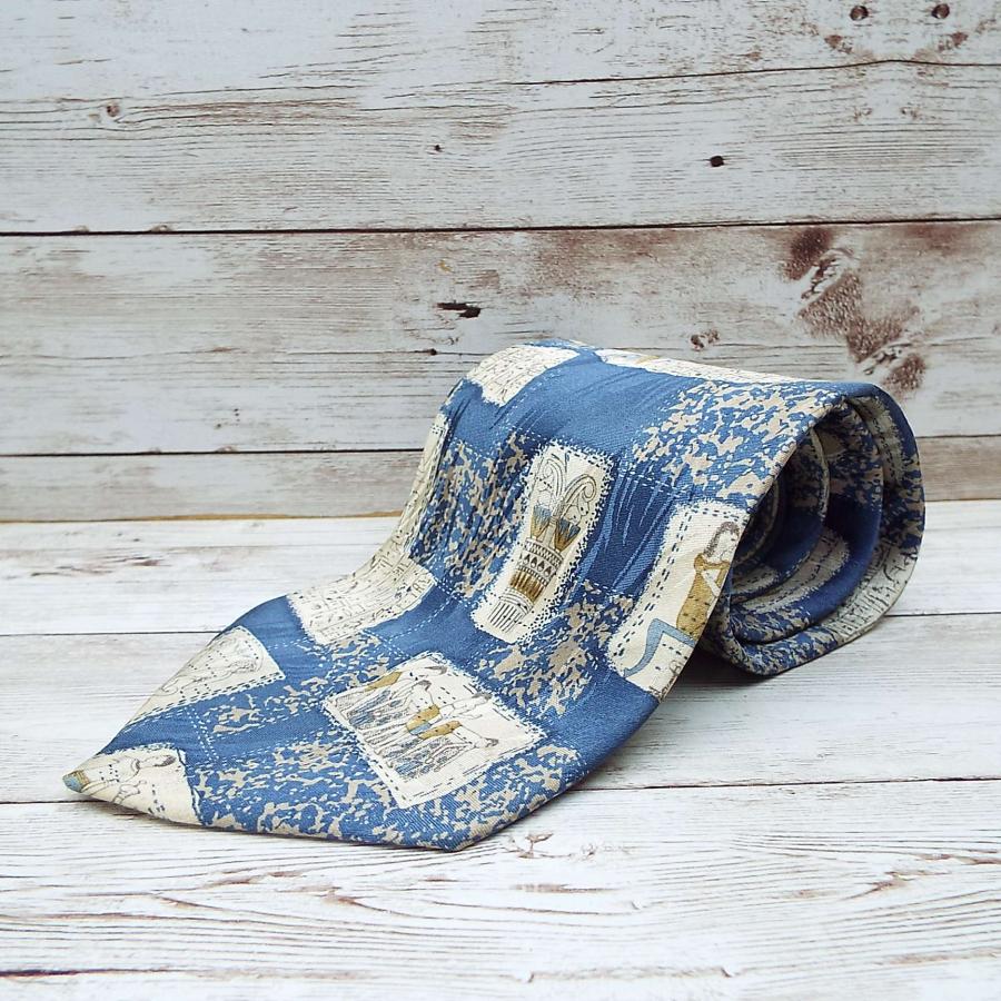 エジプト絵画デザイン】FRANCES FELLEO ピクチャー 壁画 総柄ネクタイ｜ブルー...