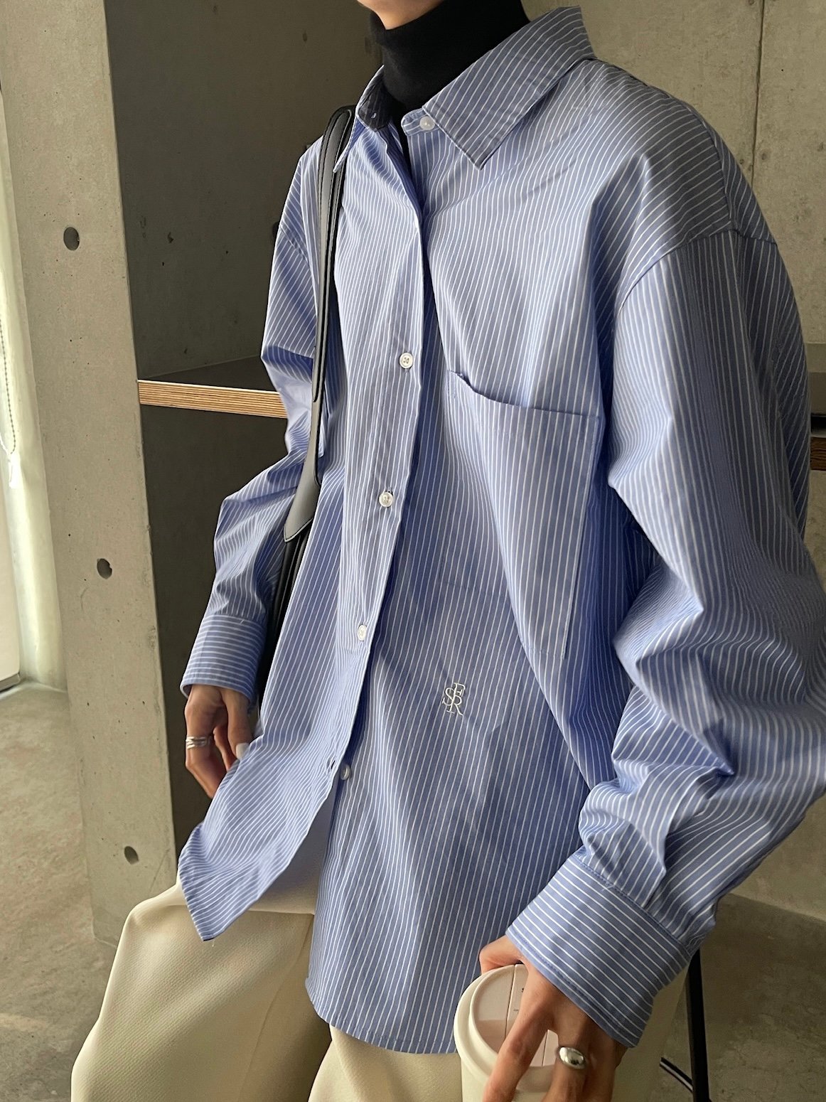 blue stripe shirt with monogram mark | F A S H blue stripe shirt with monogram mark | F A S H