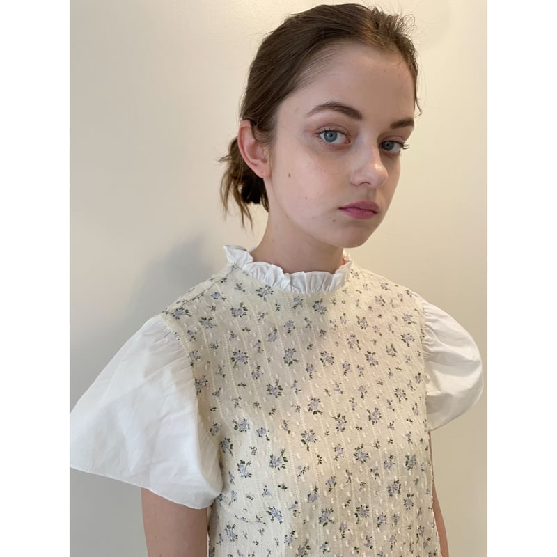French flower back ribbon frill blouse blue | é French flower back ribbon frill blouse blue | é