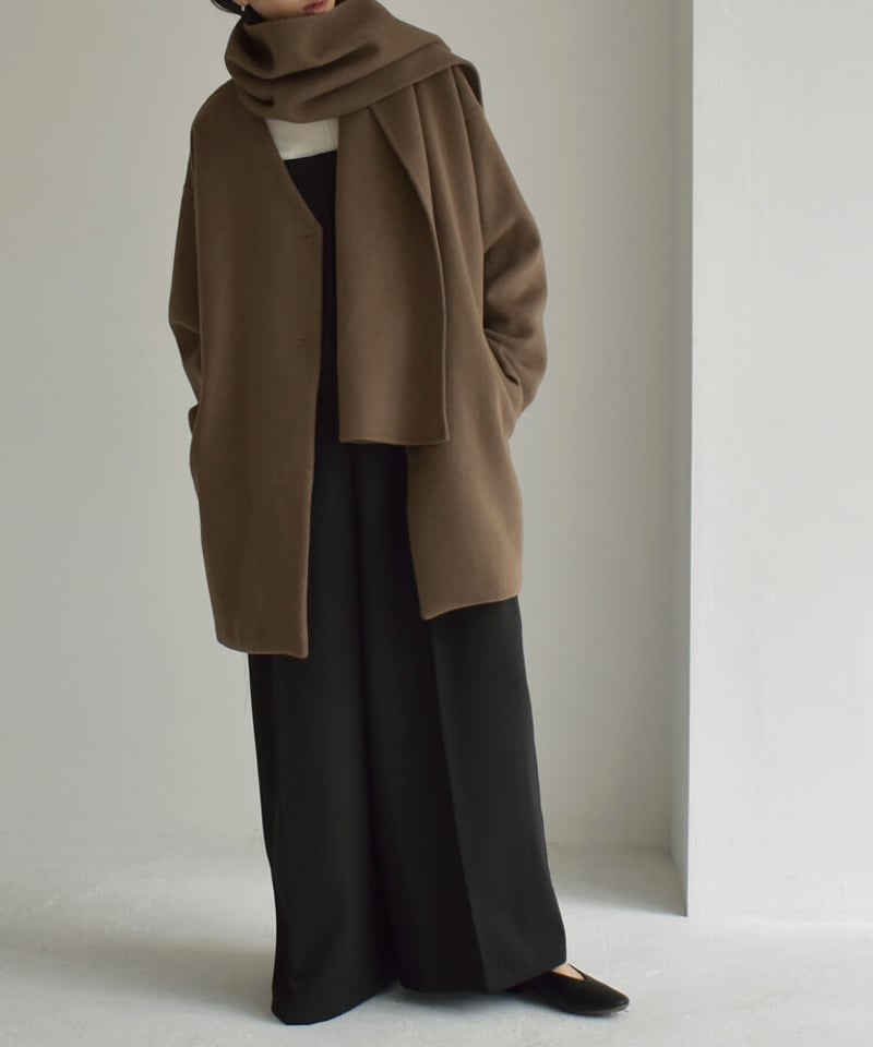 coat-13009 ストール付き ウール ミディコート モカ ブラック coat-13009 ストール付き ウール ミディコート モカ ブラック