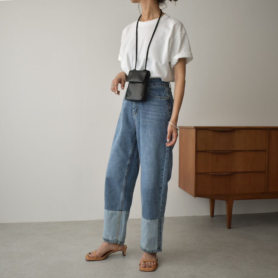 bottoms-02164 ロールアップデザインデニム ウォッシュブルー bottoms-02164 ロールアップデザインデニム ウォッシュブルー