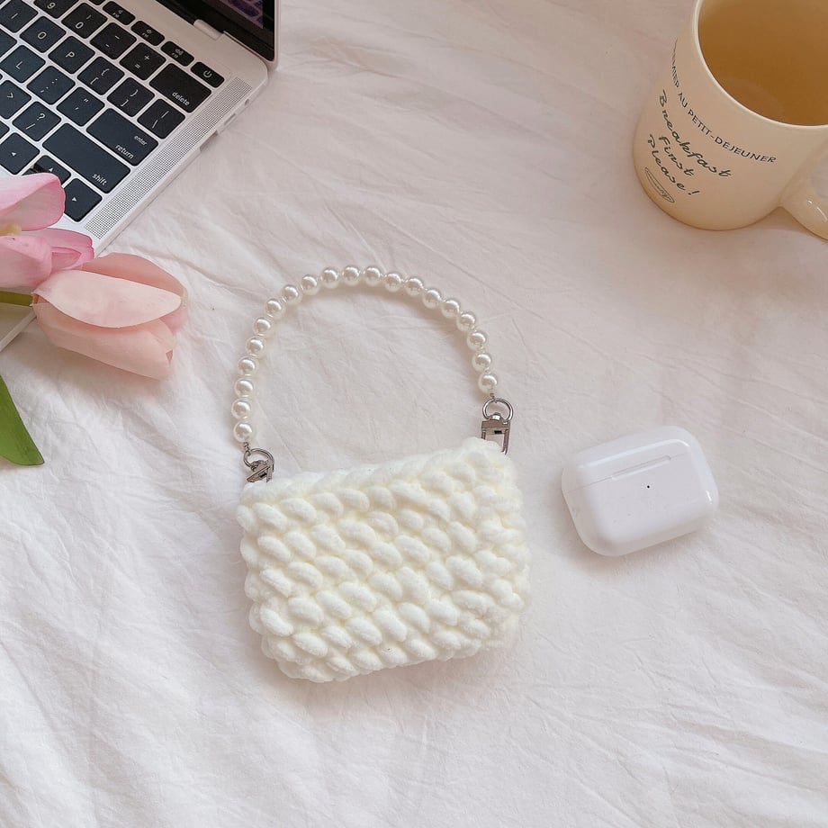 ニットバックデザイン Airpods全機種対応ケース 柔らかい 真珠/レザーストラップ付 ...
