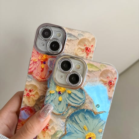花柄 アイフォン15/15proケース キラキラレンズフイルム付き iPhone14/13pr...