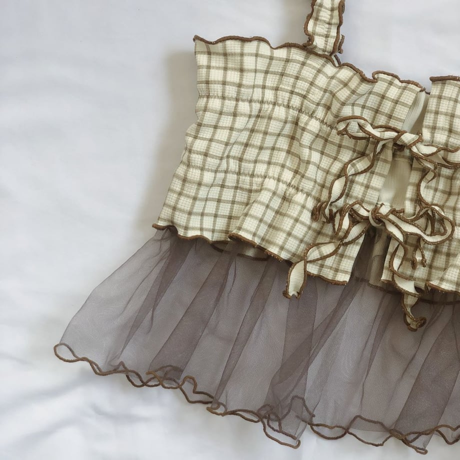 ブラウンチェックチュールメローリボンビスチェ | TOIRO' S STORE