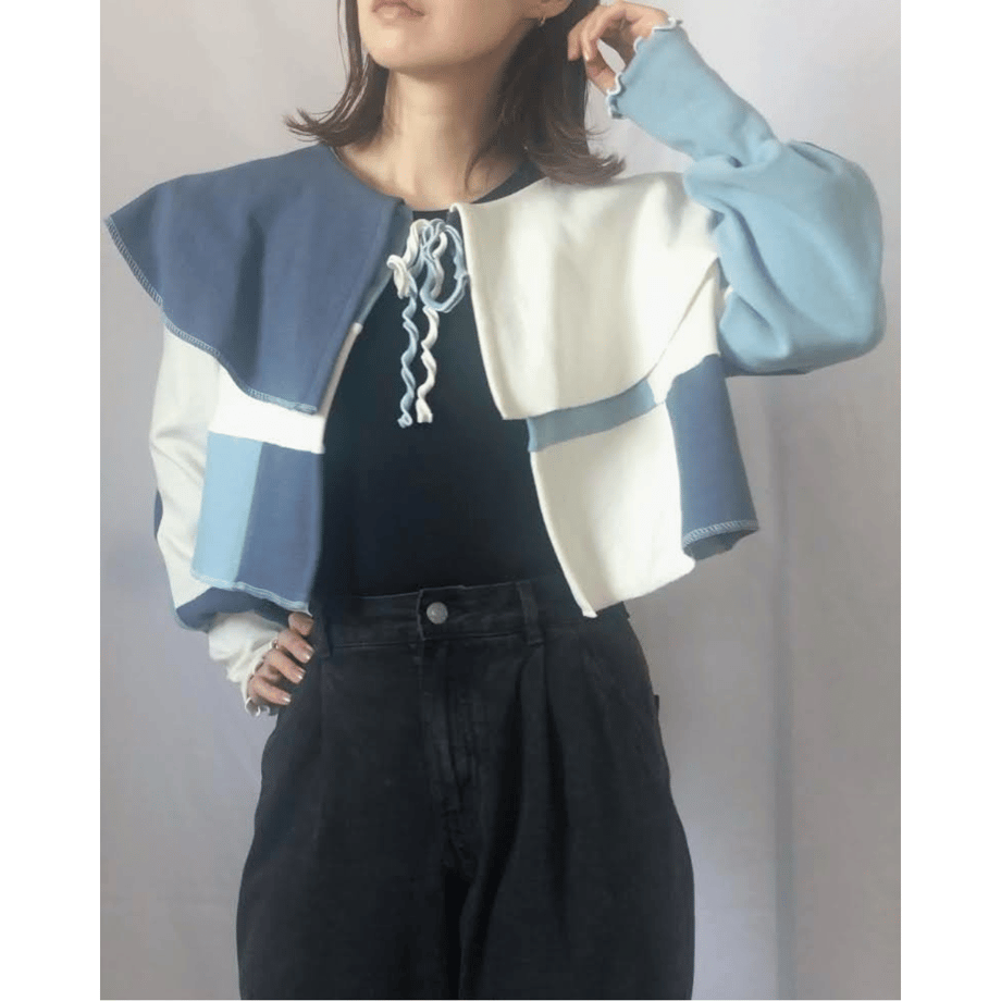 ブルー系配色ラッフルカラースウェットメローリボンブラウス | TOIRO' S STORE