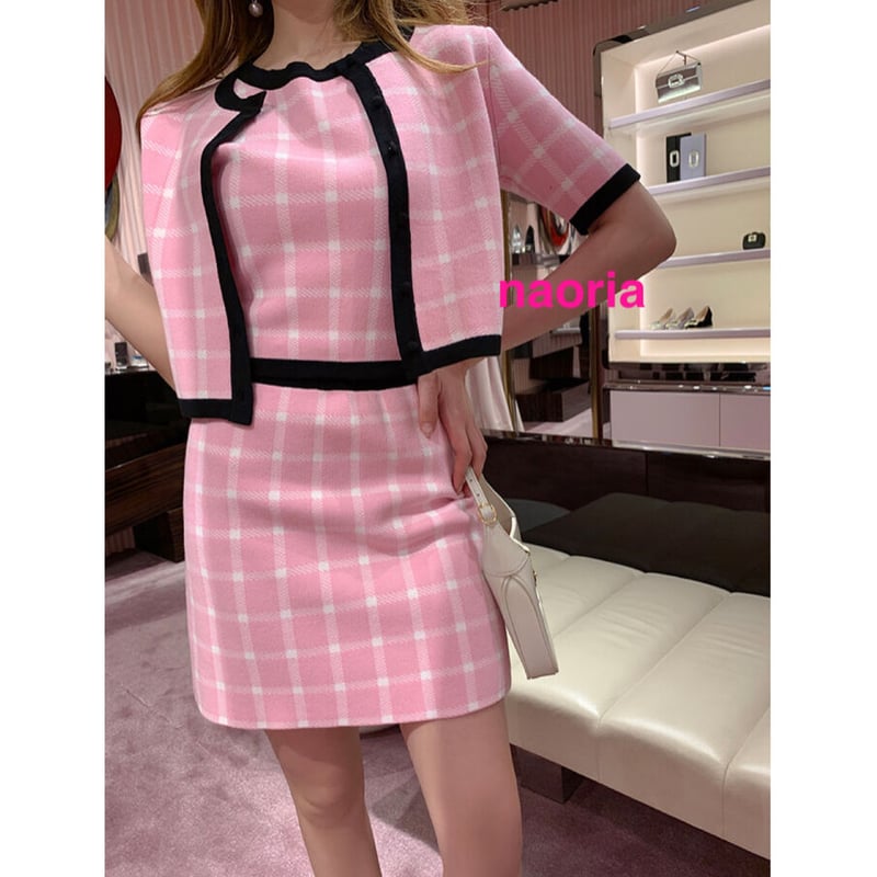 即納 チェックピンクノースリーブニット単品 | naoria 即納 チェックピンクノースリーブニット単品 | naoria