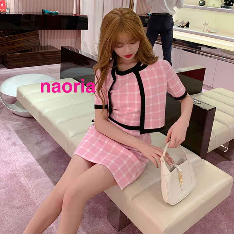 即納 チェックピンクノースリーブニット単品 | naoria 即納 チェックピンクノースリーブニット単品 | naoria