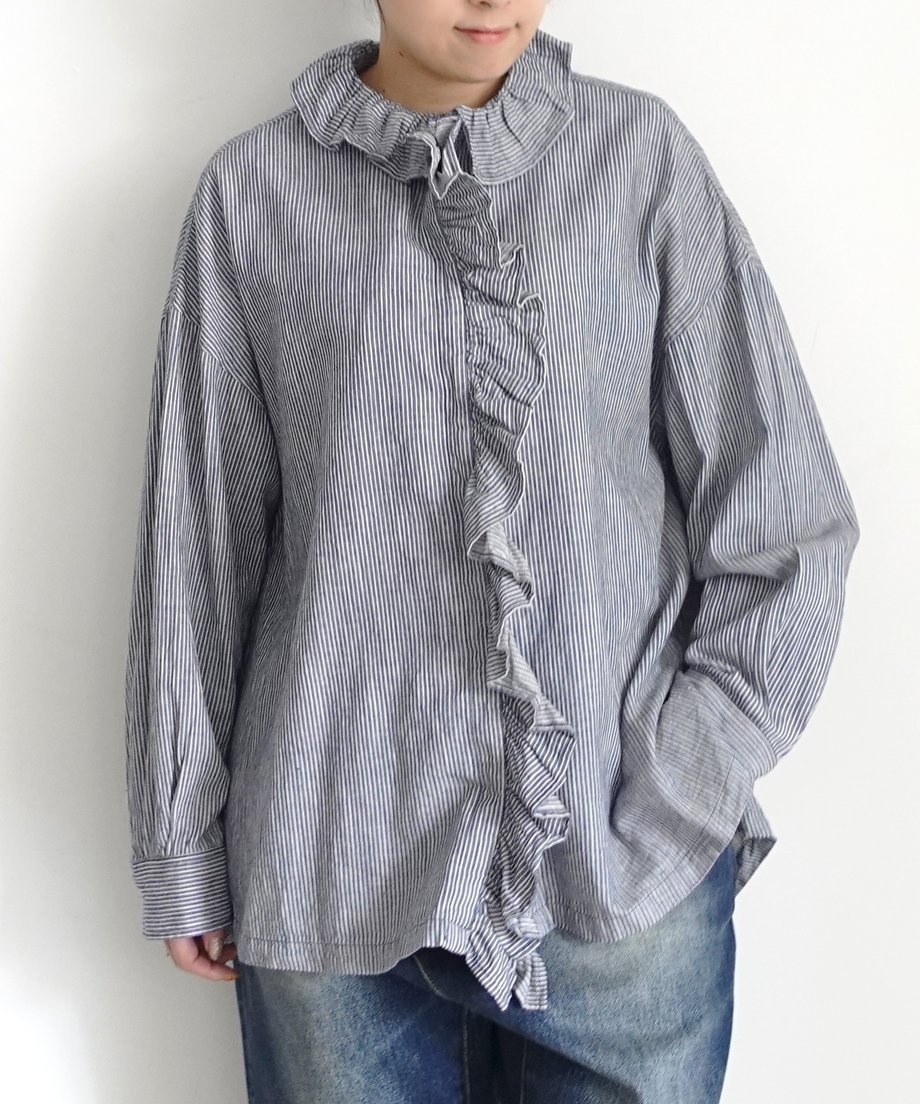 i c h i 250411 INDIGO Selvage Stripe Frill Sh...