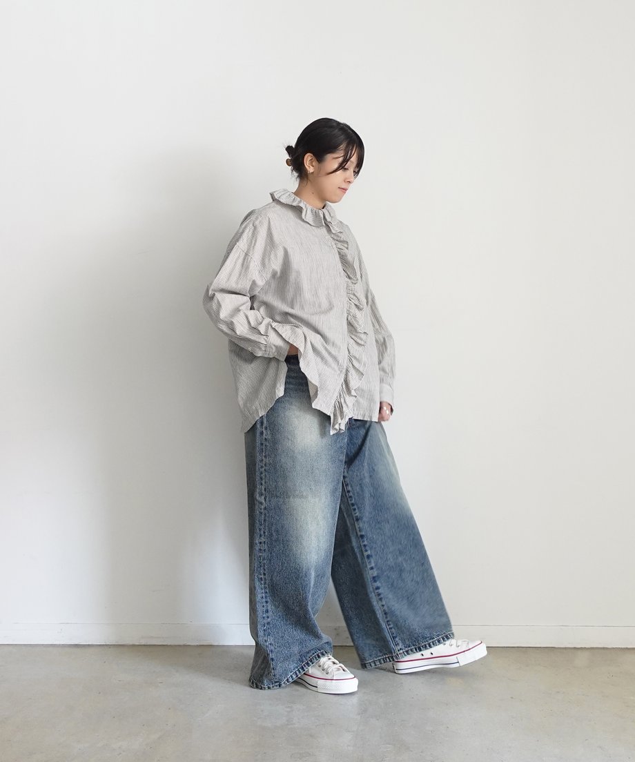 i c h i 250411 INDIGO Selvage Stripe Frill Sh...
