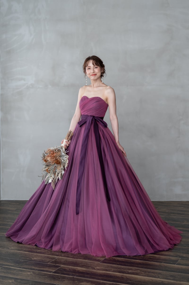 パープル サッシュベルト プリンセスライン ソフトチュール 花嫁 パープル サッシュベルト プリンセスライン ソフトチュール 花嫁