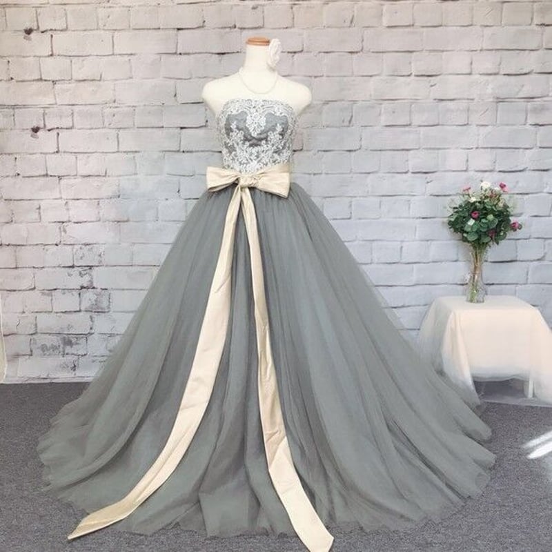 豪華!カラードレス グレー ベアトップ 3D立体レース刺繍 豪華!カラードレス グレー ベアトップ 3D立体レース刺繍